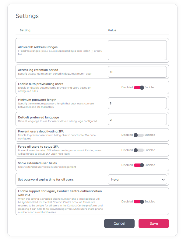 Settings configurations for your organisation | Puzzel Help Centre